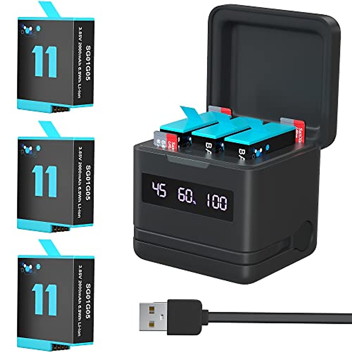 TOMSHEIR Hero 9/10/11 Battery 3-Pack 2000mAh and USB Storage Fast Charger Fully Compatible with Gopro Hero 9 Gopro Hero 10 Gopro Hero 11 Black Official with High Speed Micro SD Card Reader Function