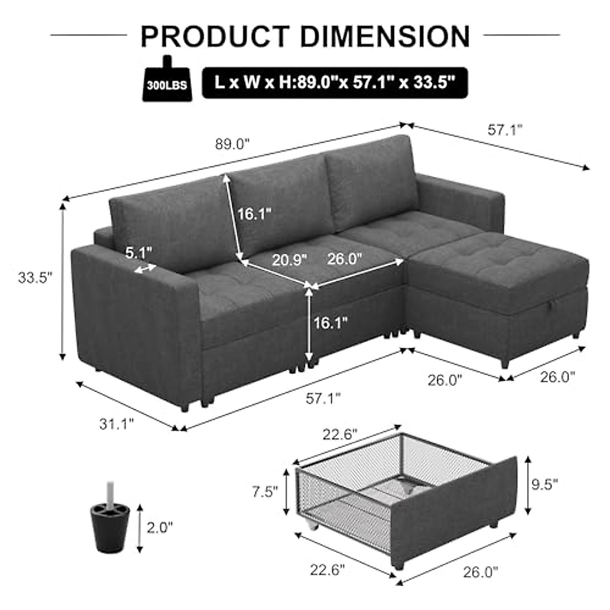 Belffin Modular Sectional Sofa Couch Set with Ottoman Morden Fabric Convertible Pull Out Couch with Reversible Chaise and Storage Drawers 3-Seat Sofa Sectionals L Shape Couch for Apartment Black Grey