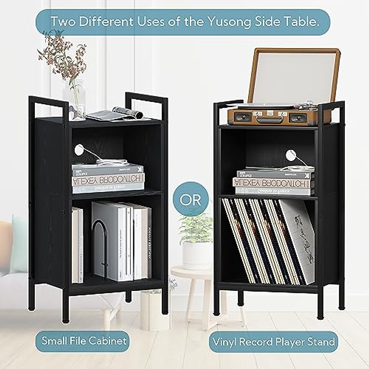 Yusong 3 Tier End Table, Tall Side Table With Storage Cabinets, Bedside Table Nightstand Small Bookcase for Small Space in Living Room, Bedroom, Office, Oak Black