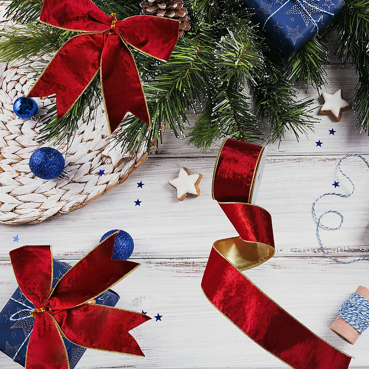 2 Rolls Christmas Velvet Ribbon 2.5 Inches Width Vintage Wide Wired Edge Wrapping Ribbon for Christmas Gift Wrapping, Bow Making（Green,Red）