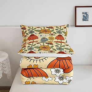 Castle Fairy Retro Flowers Comforter Set Twin Size,70s Floral Mushroom Quilt Set for Kids Boys Bedroom Collection,Art Hippie Plant Eye Print Polyester Bedding with 1 Pillowcase,2Pcs