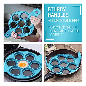 BIOPRONEXT Non Stick Pancake Maker - 7 Circles Mini Pancake Mold - Silicone Pancake Mold - Silicone Egg Rings for Griddle with Handles - Pancake Molds for Griddle Frying Eggs - Blue
