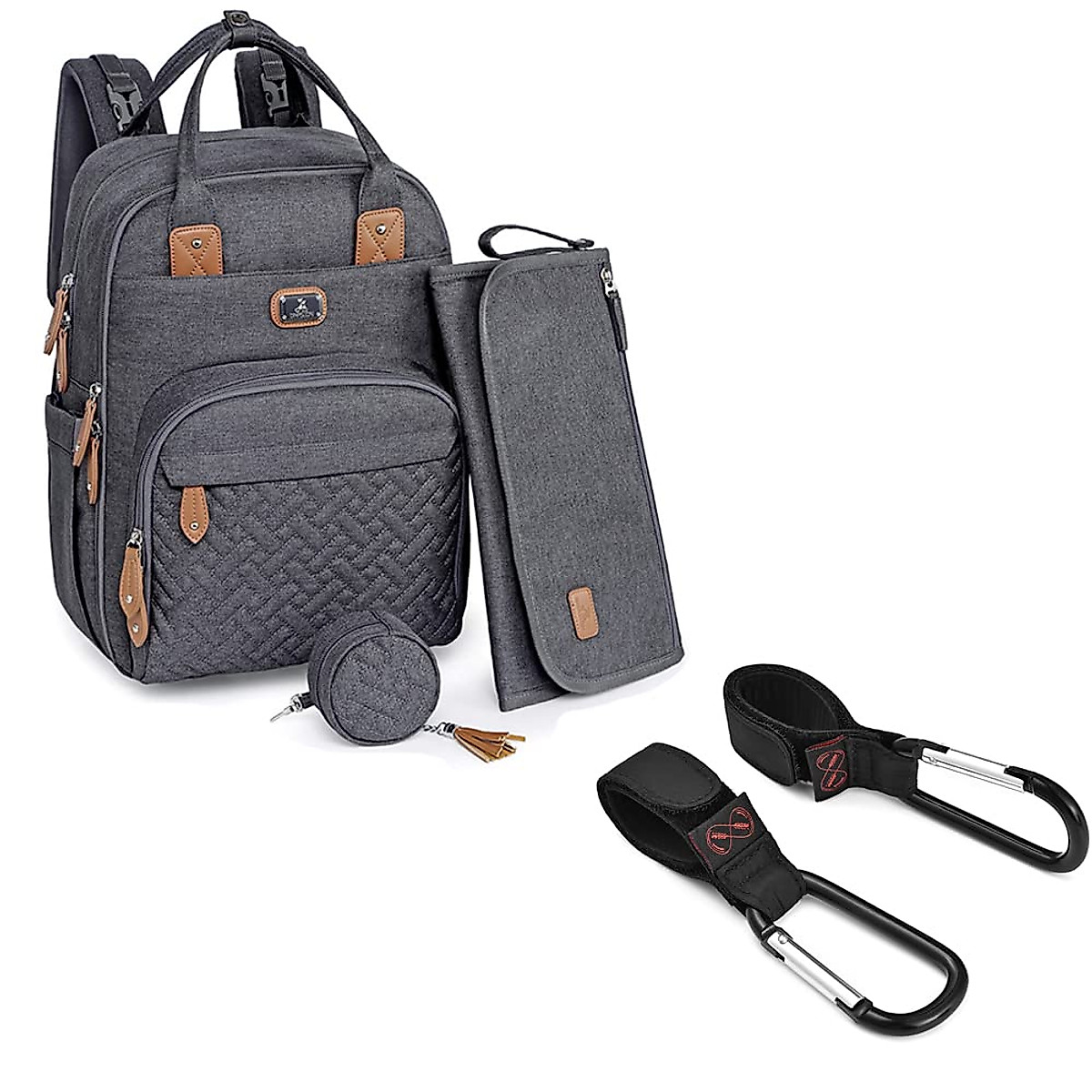 Dikaslon Diaper Bag Backpack, Stroller Hooks, Large Unisex Baby Bags with Changing Pad, Pacifier Case and Universal Stroller Clips for Mom Dad