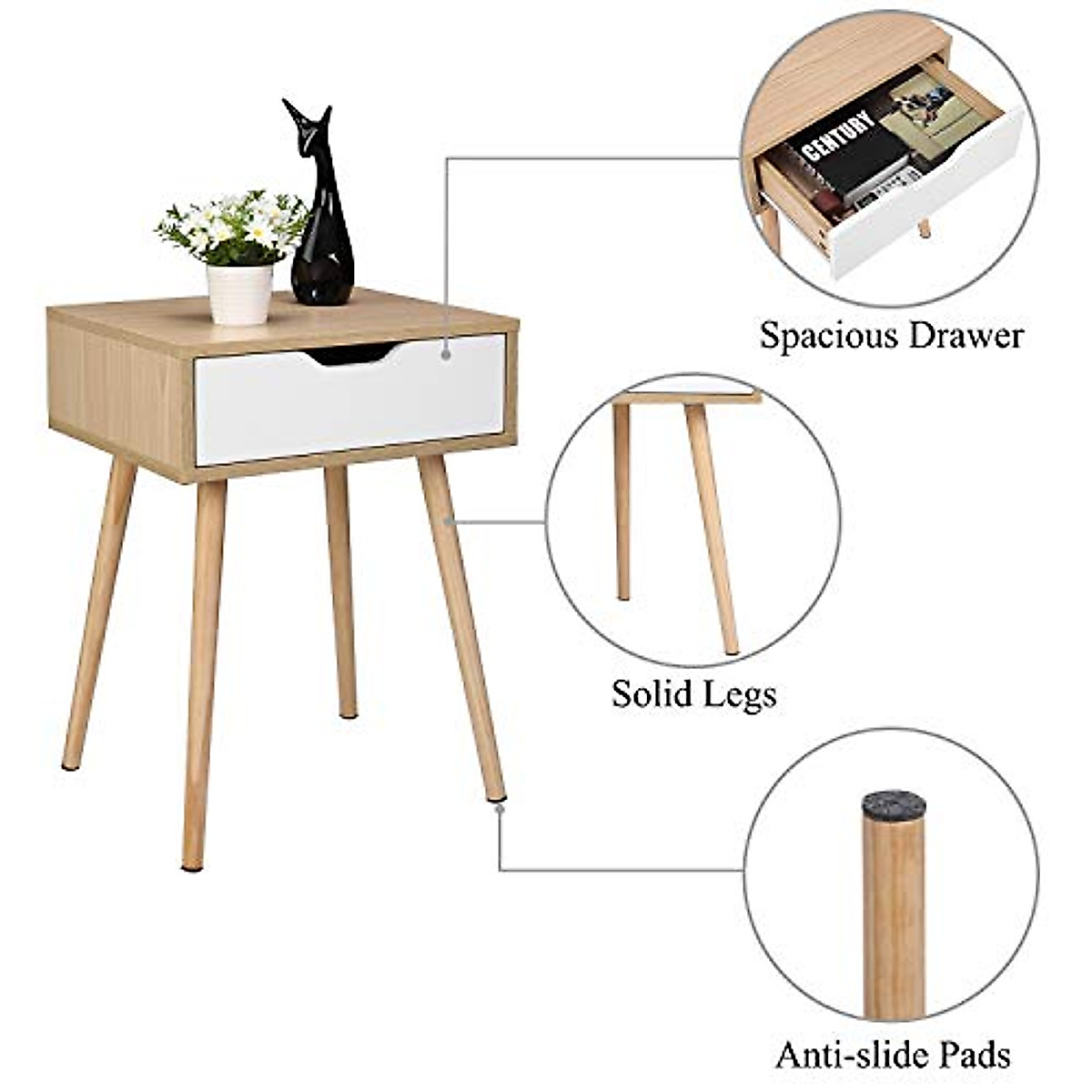 Bonnlo Wood&White Nightstands Set of 2 End Side Table with Spacious Drawer & Solid Wood Legs for Livingroom, Bedroom, Dorm