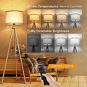 OUTON Wood Tripod Floor Lamp with Shelves, Mid Century Floor Lamp with Remote Control,4 Color Temperature, LED Modern Dimmable Standing Lamp with Beige Linen Shade for Living Room, Bedroom, Office