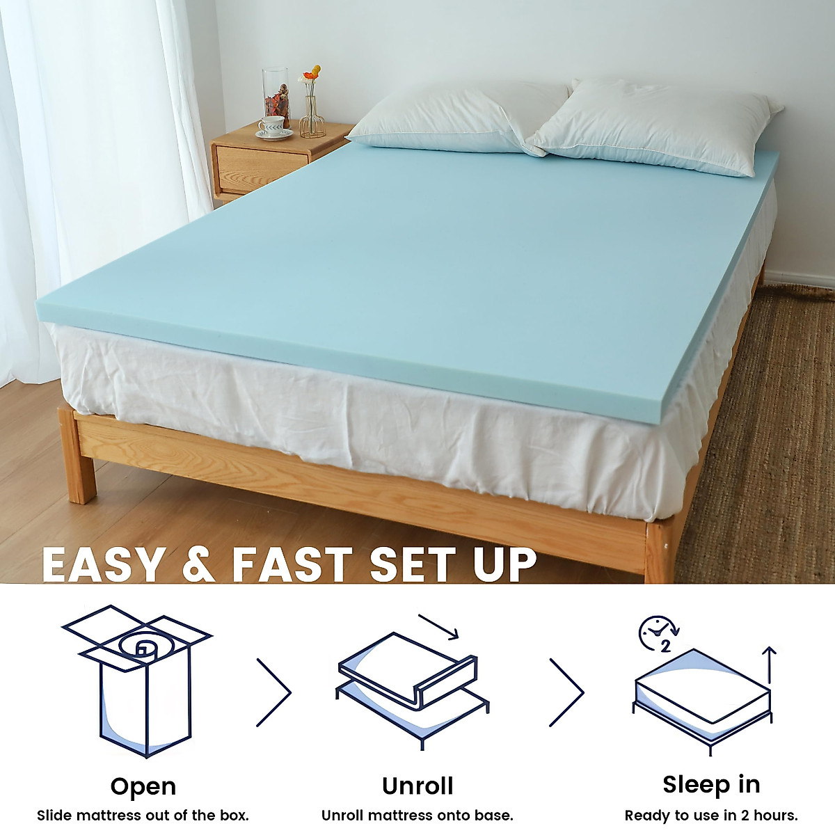 Simple&Opulence 2 Inch Memory Foam Mattress Topper, Cooling Gel Infused Mattress Pad for Back Pain Relief，Ventilated and Breathable - Queen Size