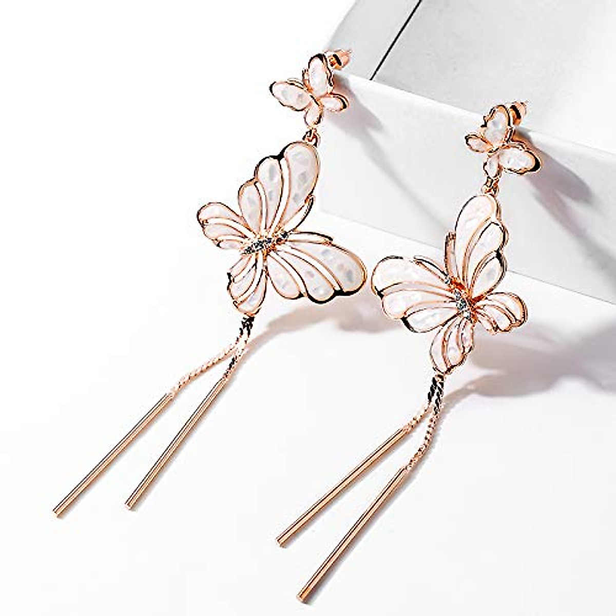 Rose Gold Butterfly Light Pink Enameled with Mother of Pearl Dangle Tassel Long Earrings Pierced