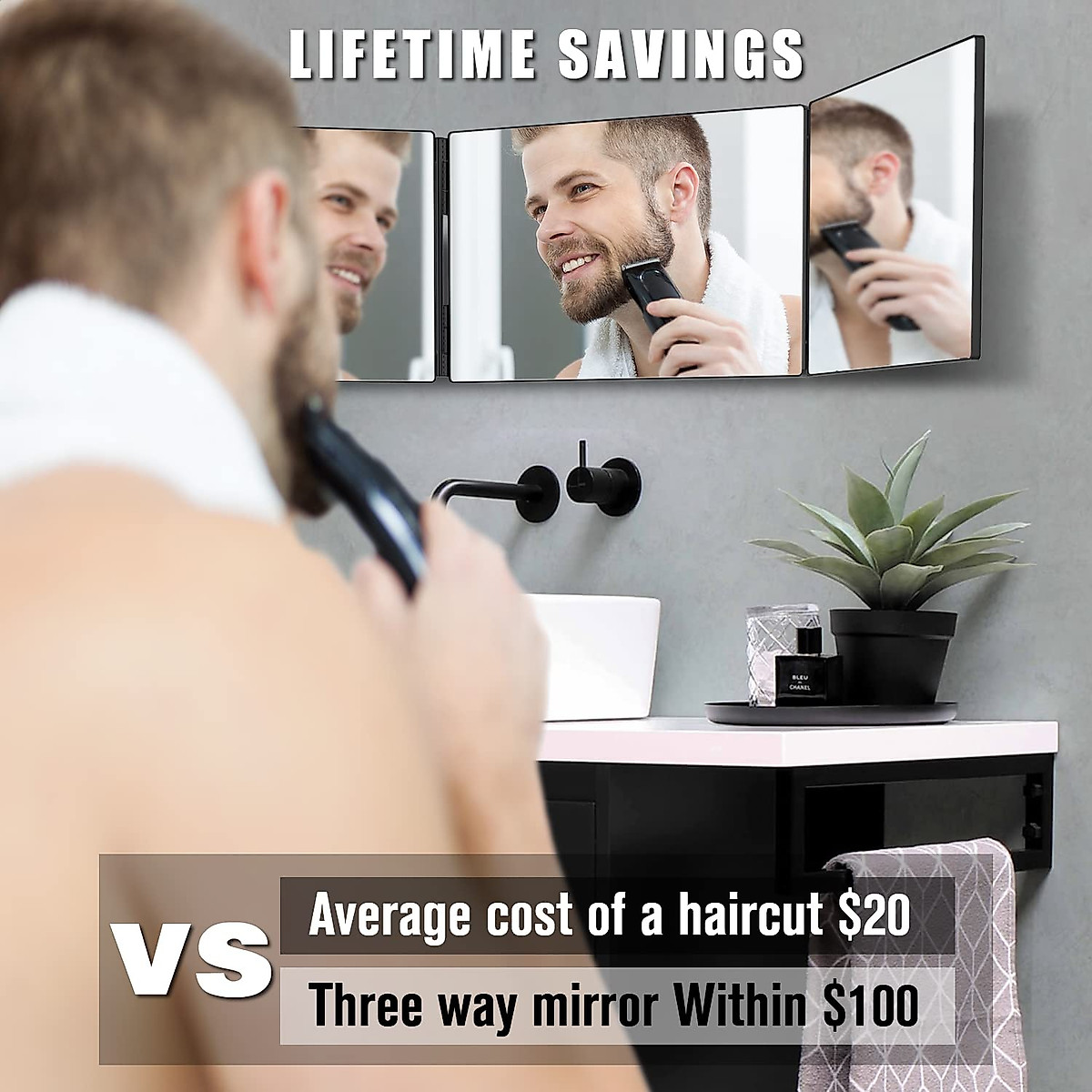 OLIBUY 3 Way Mirror for Hair Cutting, Tri-fold Mirror for Shaver and Makeup, Height Adjustable with Two Hold Nails Self Haircut Mirror can as a Gift for Men or Women