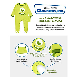 Disney Monsters Inc Baby Onesie With Hat| Mike Wazowski Baby Halloween Costume | Monsters Inc Baby Footed Pajamas and Hat | Green 6-9M