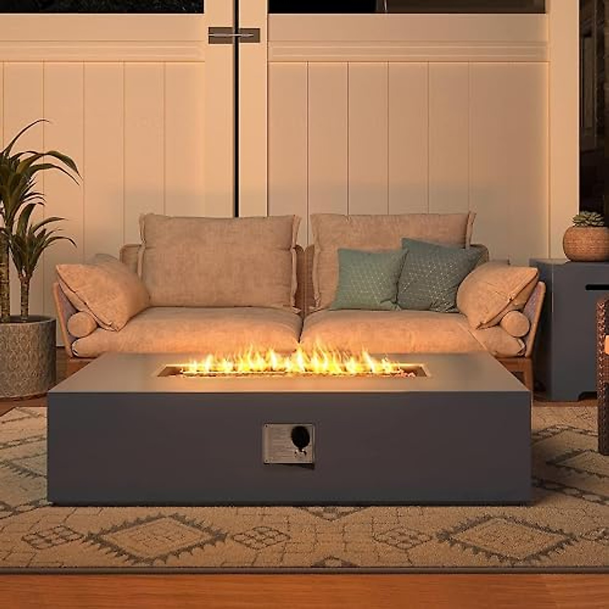 UPHA 56 Inch Outdoor Propane Fire Pit Table, 50,000 BTU Iron Rectangular Gas Fire Pits for Outside, Auto-Ignition Fire Table with Propane Tank Storage Side Table, Rain Cover, Lid, Lava Rock, Dark Grey