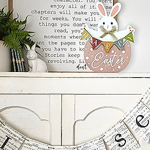HOMirable aster Decorations for Home Pink Bunny Decor Happy Easter Block Cute Rabbit Tabletop Wooden Farmhouse Rustic Sign, Dining Room, Mantle, Fireplace, Shelf Indoor