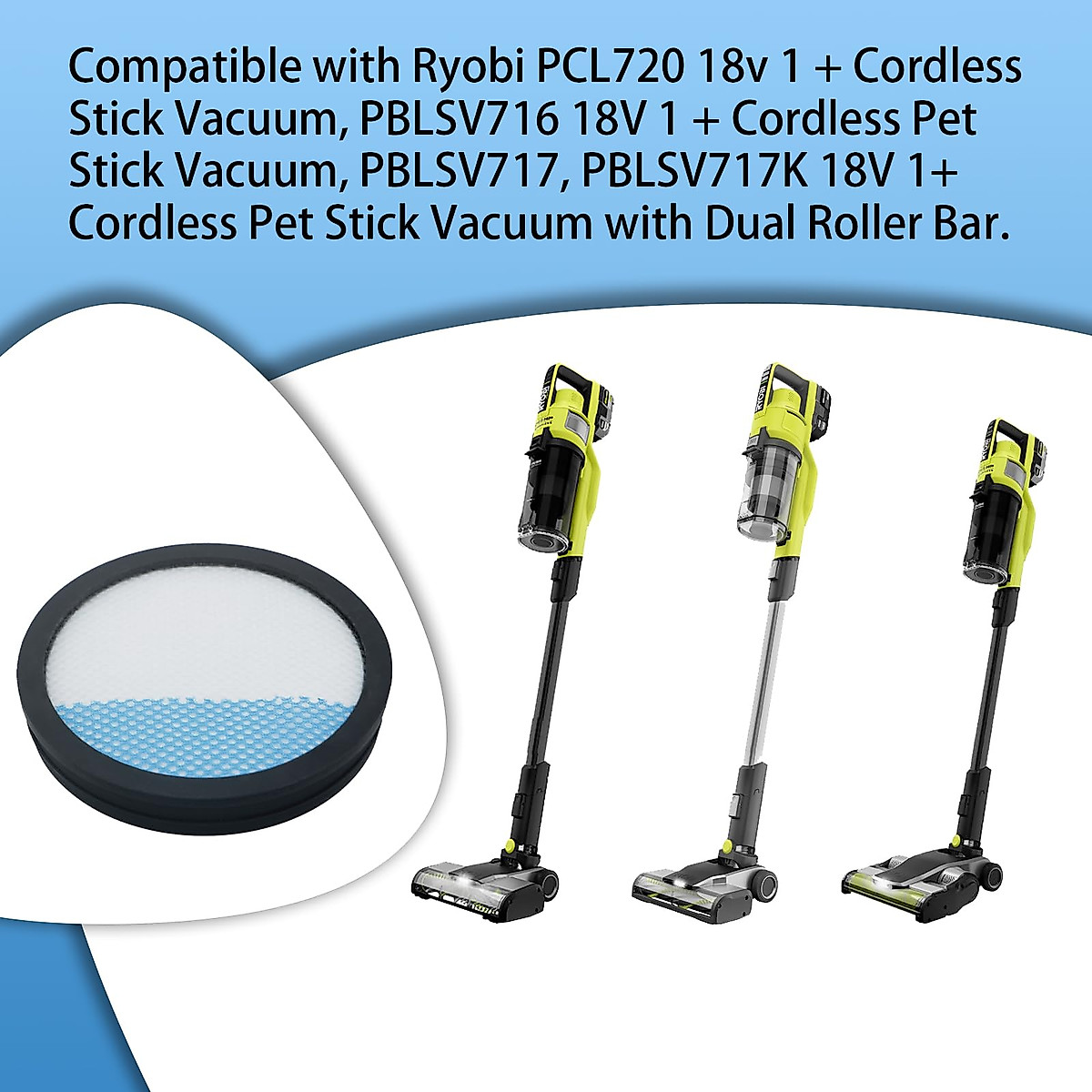 Aolleteau 2 Pack Filter Replacement for Ryobi 18V 1 + Cordless Stick Vacuum PBLSV716K, PBLSV716B, PBLSV717K, PBLSV717B, PCL720K, PCL720, Compare to Part A32SV720N