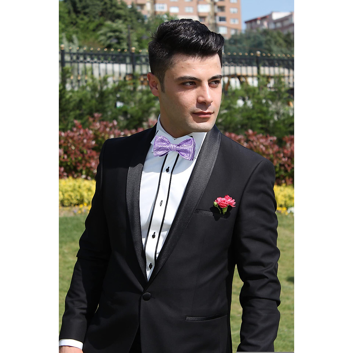 DiBanGu Lavender Purple Bow Tie for Men Woven Paisley Self Tied Bow Tie and Lapel Pin Set with Handkerchief Cufflinks