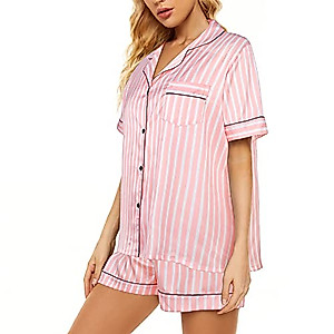 Zando Silk Pajamas for Women Shorts Set Satin Pajamas Pink Bride Pajamas Stripes Bridesmaid Pajamas Silk Pajama Set for Women Cute Matching Sets Button Up PJS Preppy Pajamas Pink Stripes X-Large