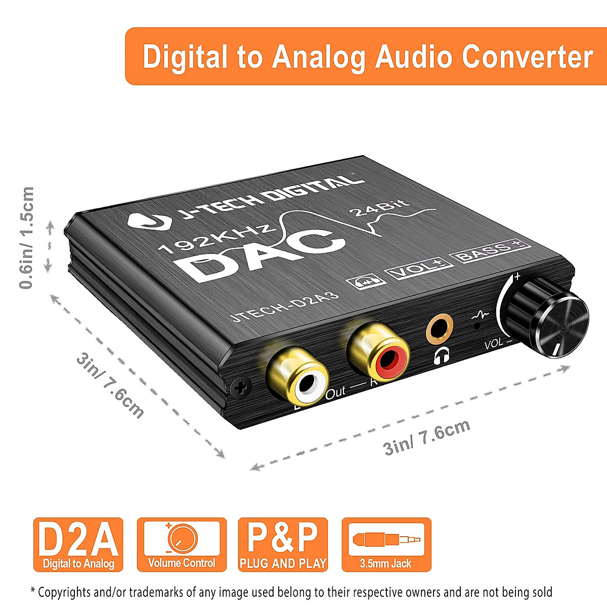 J-Tech Digital Digital to Analog Audio Converter with Headphone Amplifier & Bass, Volume Control | 192kHz 24bit Optical Coaxial RCA 3.5mm [JTECH-D2A3]