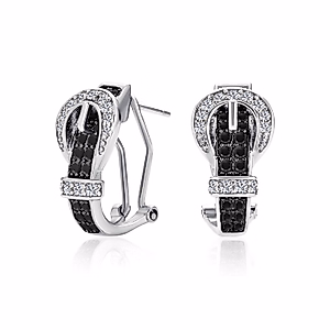 Black White Cubic Zirconia Pave CZ Belt Buckle Stud Drop Earrings For Women Omega Back 14K Gold Plated Brass