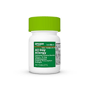 Amazon Basic Care All Day Allergy, Cetirizine Hydrochloride Tablets, 10 mg, Antihistamine, 90 Count