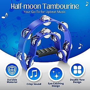 Flexzion Tambourine Metal Half Moon Musical Instruments Double Row Metal Jingles Hand Held Instruments Percussion with Ergonomic Handle Grip, Tambourines for Adults, 2 Packs - Blue