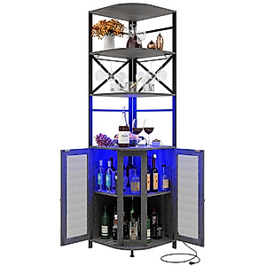 Aufvolr Wine Bar Cabinet with Power Outlet, 6-Tiers Industrial Wine Cabinet with LED Light and Glass Holder, Corner Bar Cabinet with Adjustable Shelf and Mesh Door, Liquor Cabinet Bar for Home