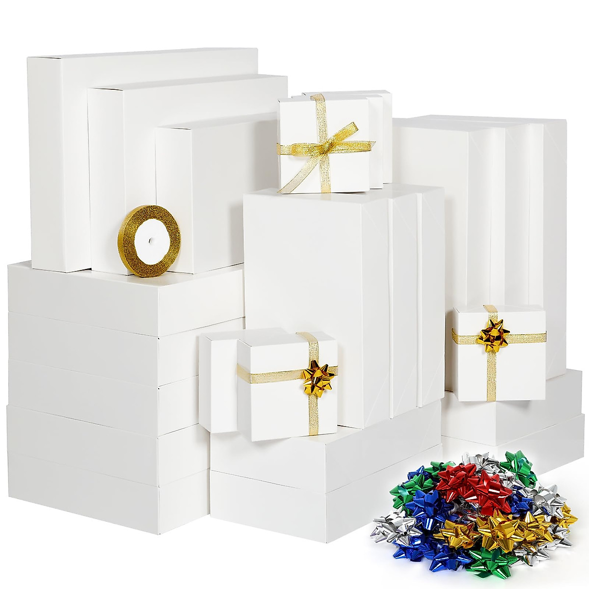 joyhalo 24 Pack Gift Boxes with Lids for Presents - White Small Large Chritsmas Gift Boxes Bulk for Clothes with Ribbon and Flowers, Assorted Sizes for Wrapping Gifts, Shirt, Gift Wrapping Supplies