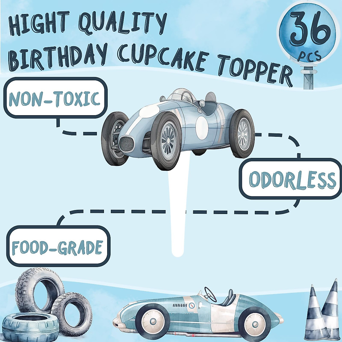 36 Pcs Race Car Cupcake Toppers - Racing Car Party Decorations and Race Car Party Cupcake Toppers - Perfect for Race Car Birthday Cupcake Toppers, Racing Car Baby Shower and Race Car Cake Decor