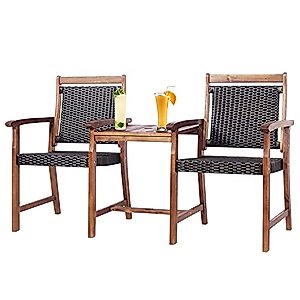 HAPPYGRILL Patio Bistro Set Acacia Wood Loveseat Chair with Side Table, 3 in 1 Rattan Wicker Patio Bench with Umbrella Hole for Garden Porch Backyard