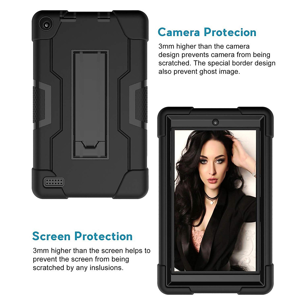 For All-New Fire 7 2019/2017 (9th Gen, 7th Gen) Case,Cherrry Heavy-Duty Rugged Kickstand Series - Shockproof Hybrid Three Layer Armor Kids Case Cover For Amazon All-New Fire 7 2019 (Black/Black)