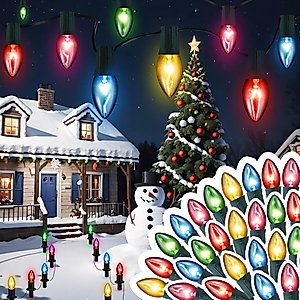 TIORIY Christmas Pathway Lights Outdoor 29ft, 25 Packs C9 Christmas Walkway Lights with Stakes for Outside, Multicolor Xmas Pathway Lights for Christmas Outdoor Decorations