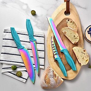 Rainbow Titanium Knife Set 17 PCS Kitchen Knives Set Sharp Cutlery Knife Sets Contain 6 Steak Knives Sharpener Clear Acrylic Stand Nonstick Chef Knife Block Set (Turquoise)