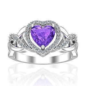 Belinda Jewelz Womens 925 Sterling Silver Purple Amethyst Gemstone Ring Size 6 Heart CZ Diamond Rhodium Twisted Band Jewelry Gift for Engagement Wedding