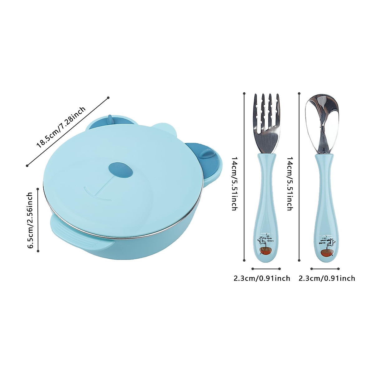 ufengke Stainless Steel Baby Feeding Bowl, Toddler Suction Plate with Lid Spoon and Fork, Perfect for Children (Blue)