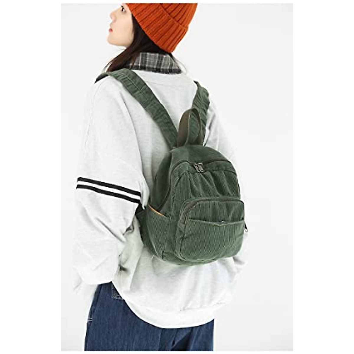 MININAI Aesthetic Backpack Mini Classic Corduroy College Backpack for Women Cute Retro Grunge Backpack Casual Daypack (One Size,Green)