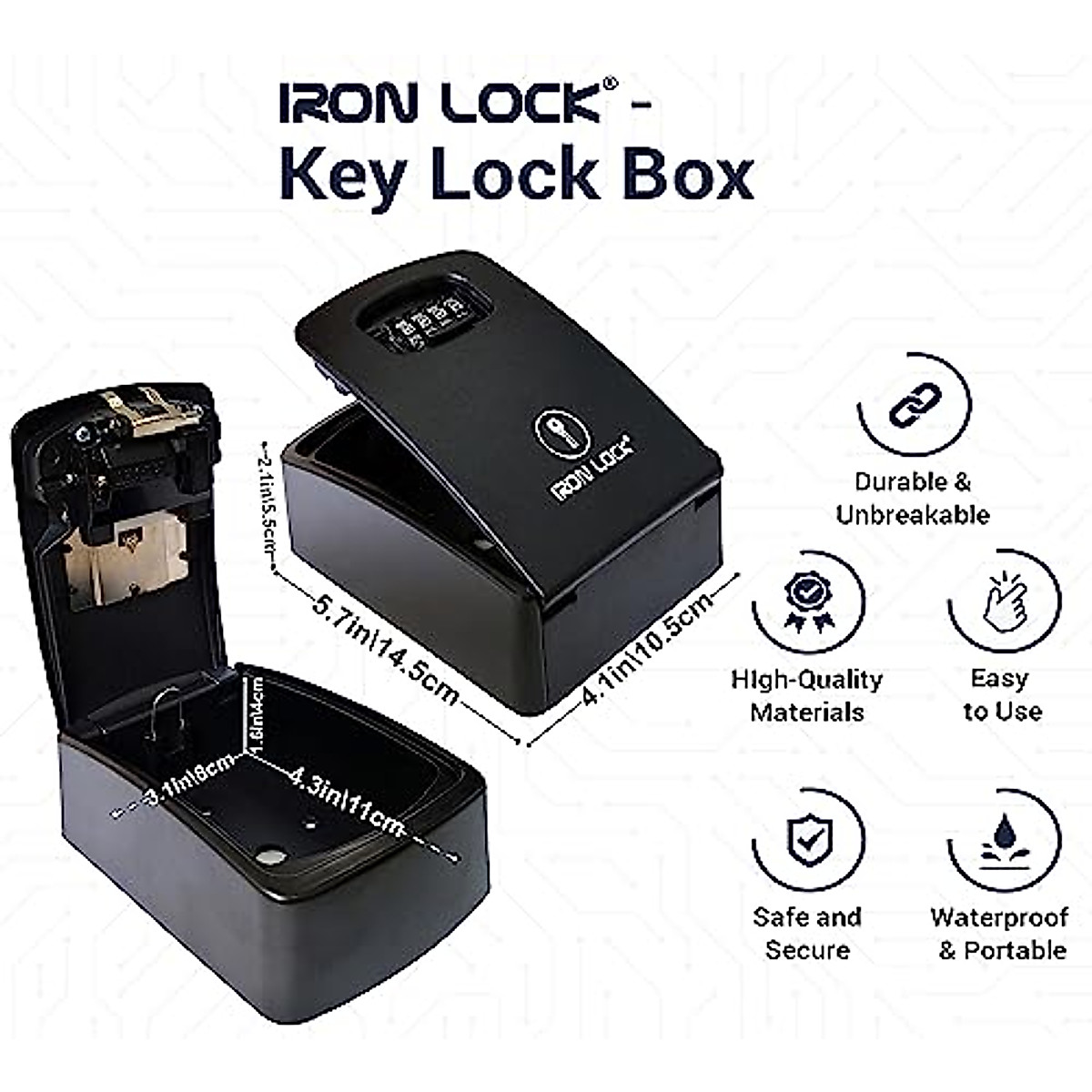 Iron Lock® - XXL Key Lock Box Wall Mount for Keys 4 Digit Combination with Resettable Code with A B Switch Extra Large lockbox Indoor Outdoor Waterproof Big Key Lock Box House Spare Keys Hide a Key