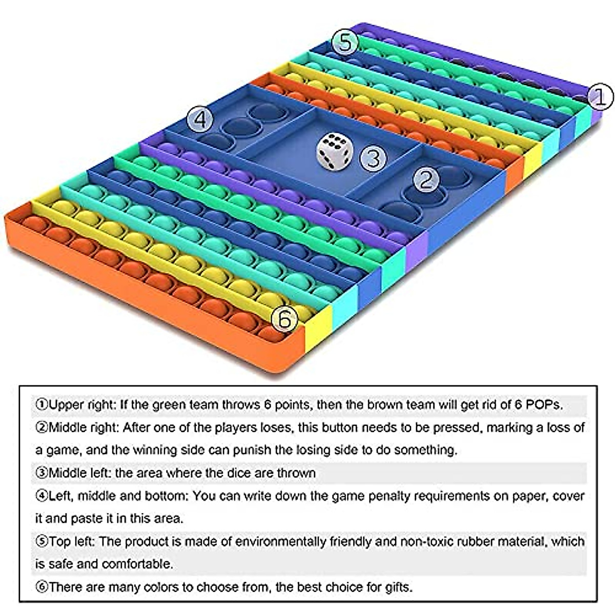 BD&M Chess Board Pop Push It Game Fidget Big Size Large Toy Rainbow Play Bubble Popper with Dice Sensory Toys Gift for Kids Adults