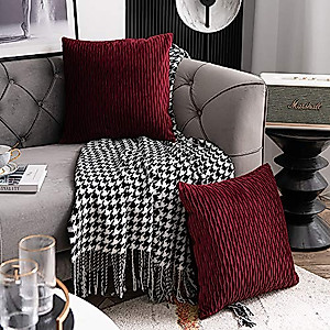 DEZENE Wine Red Throw Pillow Covers: 2 Pack 18x18 Inch Original Striped Velvet Square Decorative Pillow Cases for Farmhouse Couch