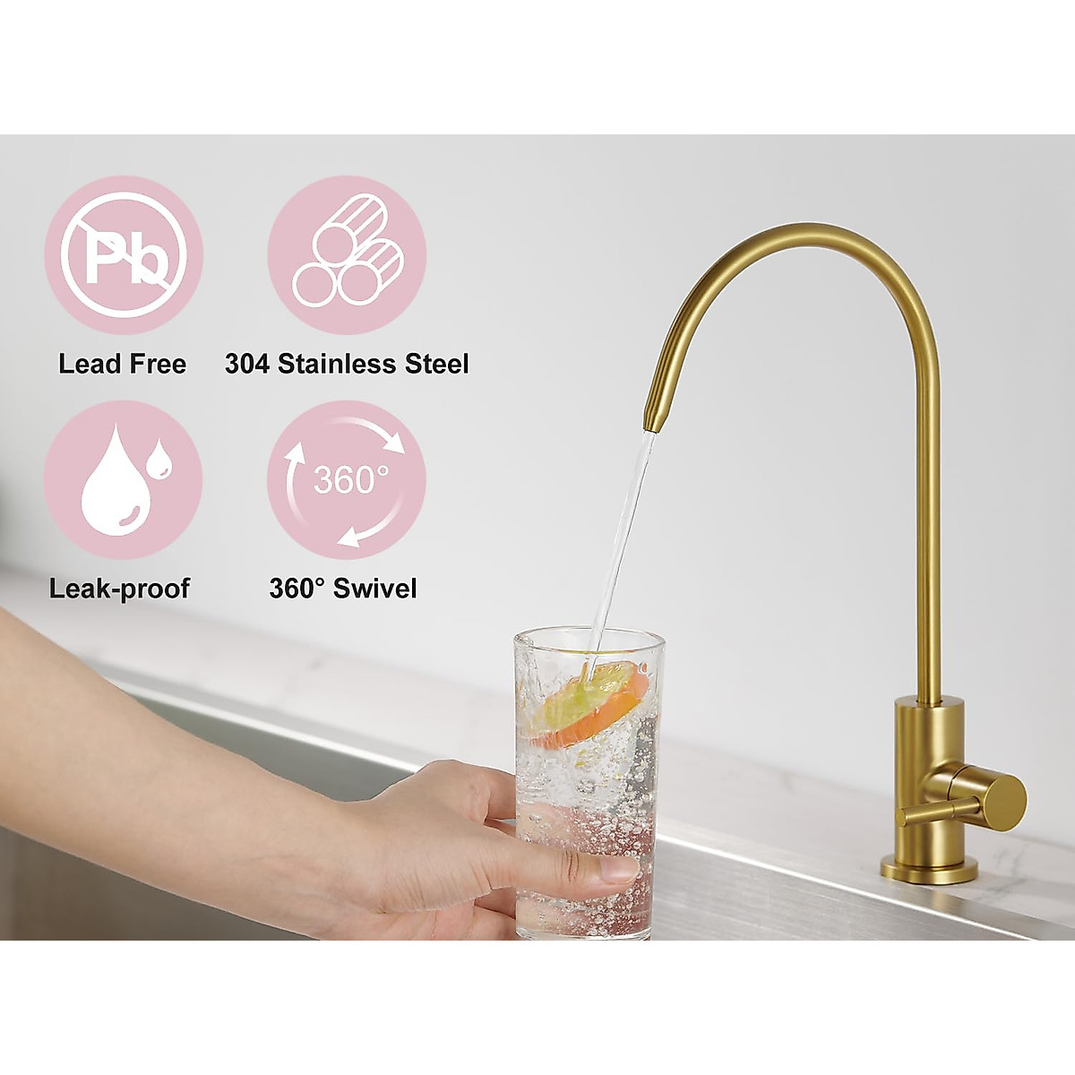 Tohlar Drinking Water Faucet for Kitchen Sink, Gold Filtered Water Faucet Lead-Free Reverse Osmosis Faucet Water Filtration System 304 Stainless Steel, Brushed Gold Finish