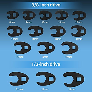 KUNTEC 15 Piece Crowfoot Flare Nut Wrench Set Metric Tool Kit for 3/8inch and 1/2inch Drive Ratchet 8mm to 24mm
