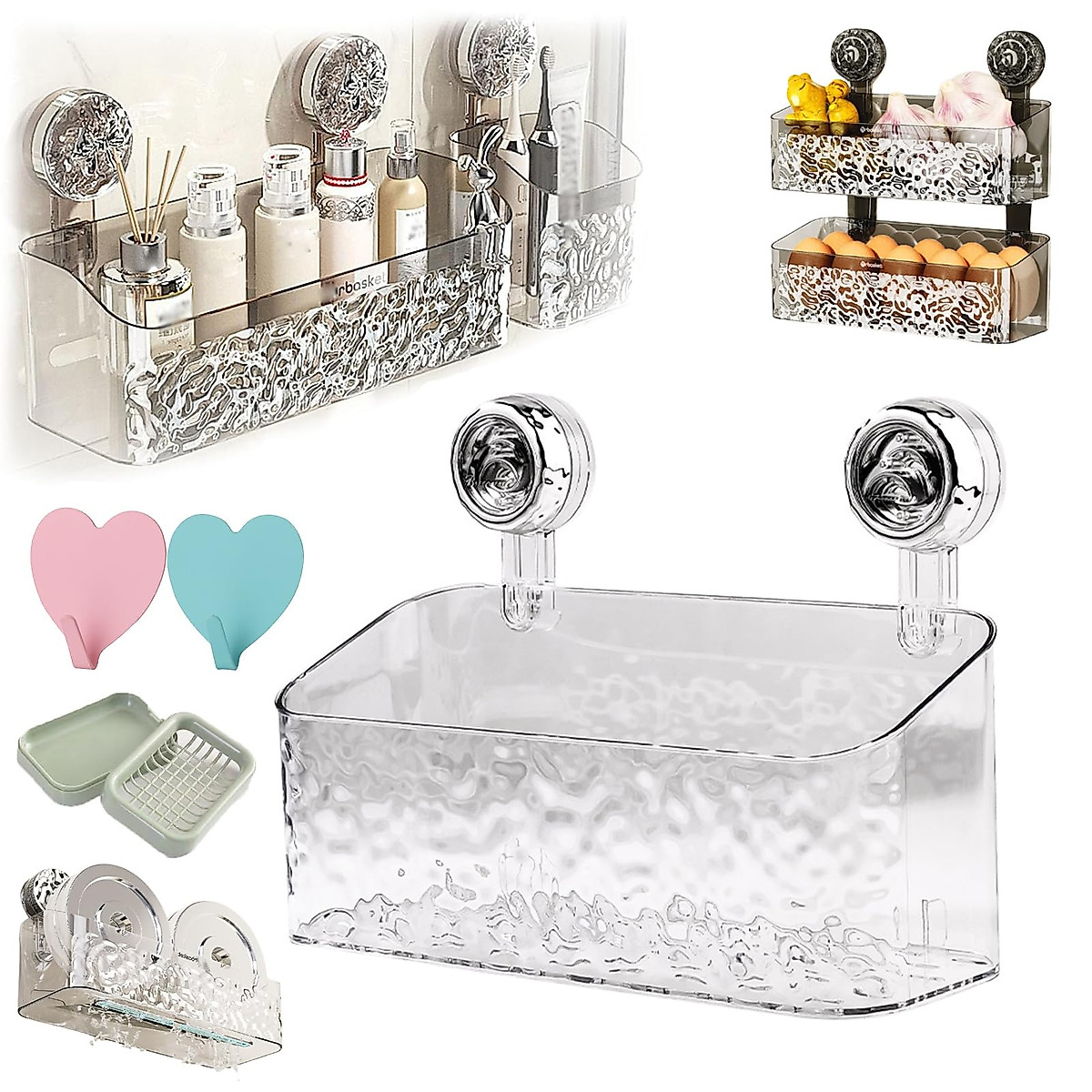 Light Luxury Style Glacier Pattern Suction Cup Shelf, Light Luxury Style Punch-Free Storage Rack, Suction Cup Shower Caddy, No-Drilling Wall Mounted Large Capacity Shower Basket (Clear-Large)