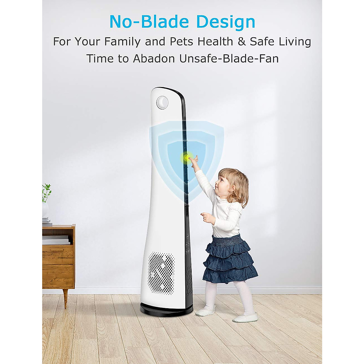 BREEZEWELL 43 Inch Bladeless Tower Fan w/ 3 Wind Speeds & 3 Modes, 15-Hour Timer, Remote Control, Ultra-quiet & Slim 45° Oscillating Personal Fan for Whole Room Home & Office
