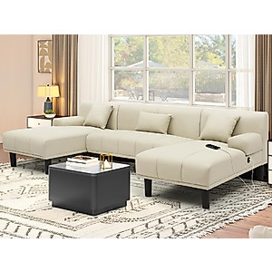 YITAHOMA Sectional Couches for Living Room, U Shaped Sofa Faux Leather Modern Modular Couch with USB & Type C Charging Ports Double Chaise and Comfy Upholstered, Beige