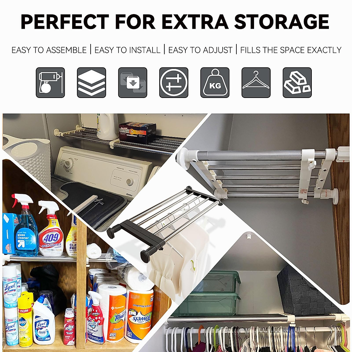 Yuanjimi 33 to 46 Inches, Closet Shelves,Wall Mounted Tension Shelf,Expandable Easy to Install for Pantry, Closet, Laundry, Utility Storage, Stainless Steel, Silver + Black