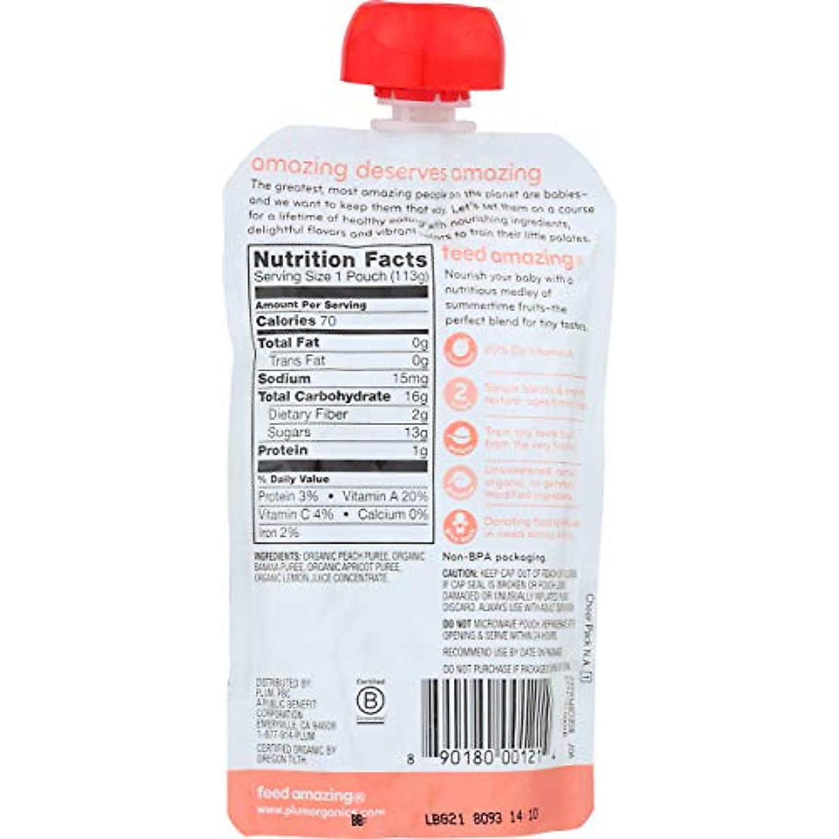 Plum Organics Stage 2, Organic Baby Food, Peach, Banana, and Apricot, 4.0 Ounce