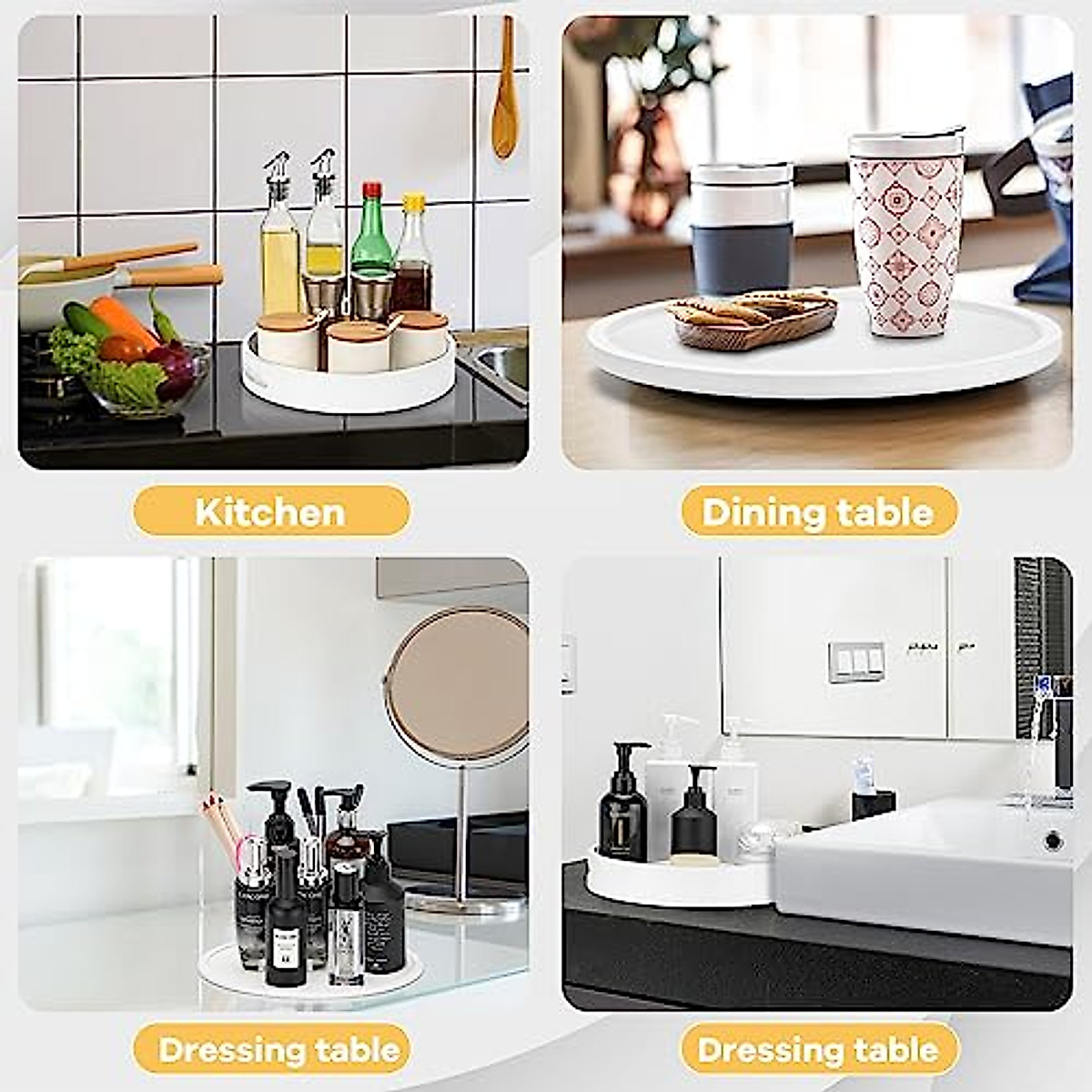 Lazy Susan Organizer for Countertop, 12 Inch & 10 Inch Bamboo Condiment Organizer, Wooden Lazy Susan Turntable Organizer for Cabinet Pantry Kitchen Counter Dining Table Cupboard, Decorative Tray White