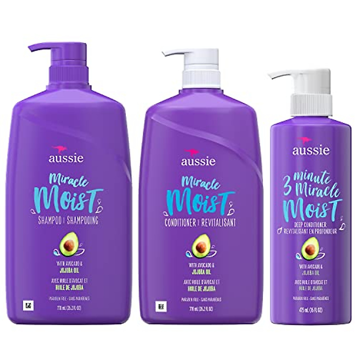 Aussie Miracle Moist Shampoo, and 3 Minute Miracle Deep Conditioner Hair Treatment Bundle, Infused with Avocado & Australian Jojoba Oil, Paraben Free, White, Citrus, 3 Piece Set