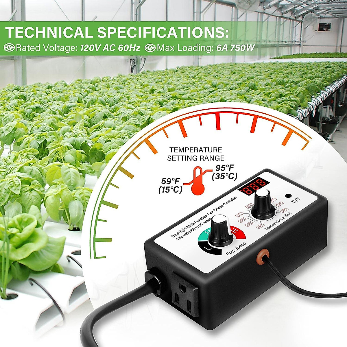 iPower Variable Vent Duct Inline Blower Fan Speed Adjuster with Temperature Controller for HVAC Ventilation System, 750W 6A