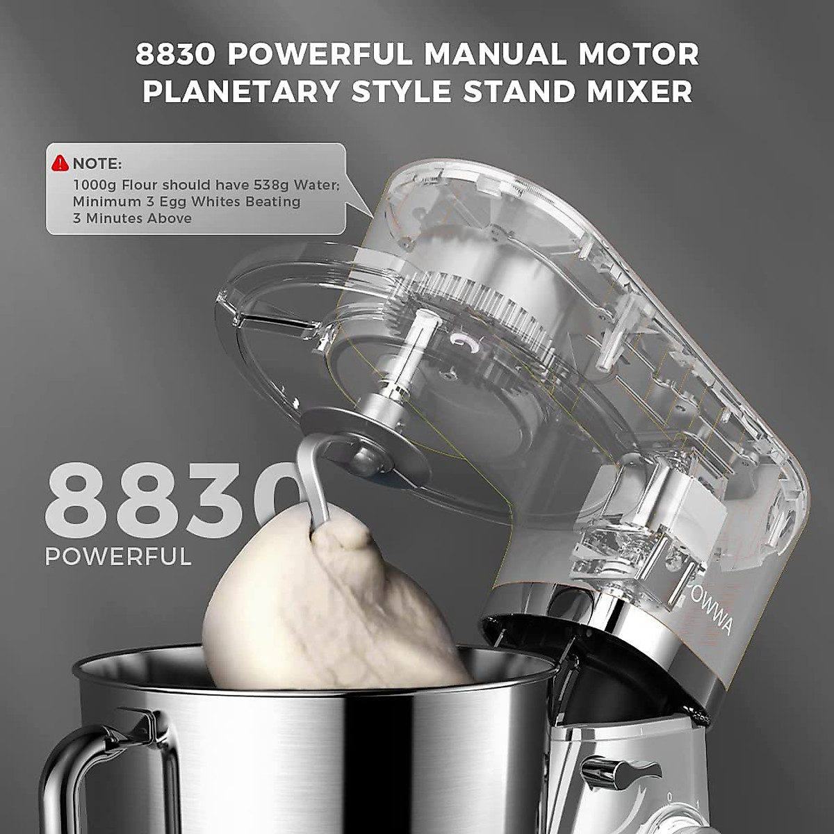 Stand Mixer, POWWA 7.5 Quart Electric Mixer, 6+1 Speed 660W Tilt-Head Kitchen Food Mixers with Whisk, Dough Hook, Mixing Beater & Splash Guard for Baking, Cake, Cookie (Silver-with Handle)