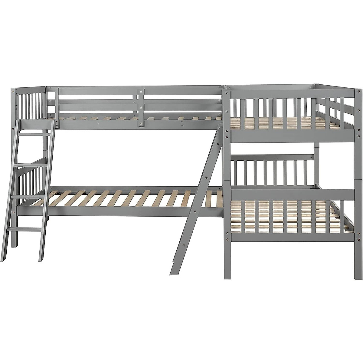 MERITLINE L-Shaped Quad Bunk Bed, Four Bunk Bed Twin Over Twin with Angle Ladder,Wooden Corner 4 Bed Bunk Bed for Kids, Teens, Adults, No Box Spring Needed (Twin, Grey)