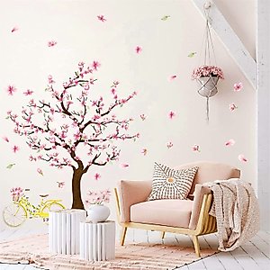 Cherry Tree Wall Sticker Cherry Blossom Tree Wall Stickers Large Tree Wall Stickers Peel and Stick Floral Tree Wall Decals Pink Flower Wall Stickers for Girls Room Bedroom Nursery