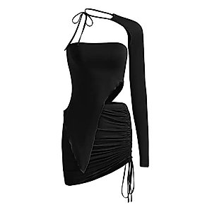 Verdusa Women's 3 Piece Outfit Y2K Tube One Shoulder Top Shrug and Drawstring Ruched Bodycon Mini Skirt Sets Black S