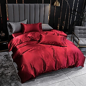 Satin Bedding Set Queen Wine Red Silk Like Satin Duvet Cover Set Luxury Soft Burgundy Comforter Cover Adults Bedroom Decor Chic Luxurious Silky Bedspread Cover Zipper (1 Duvet Cover + 2 Pillow Case)